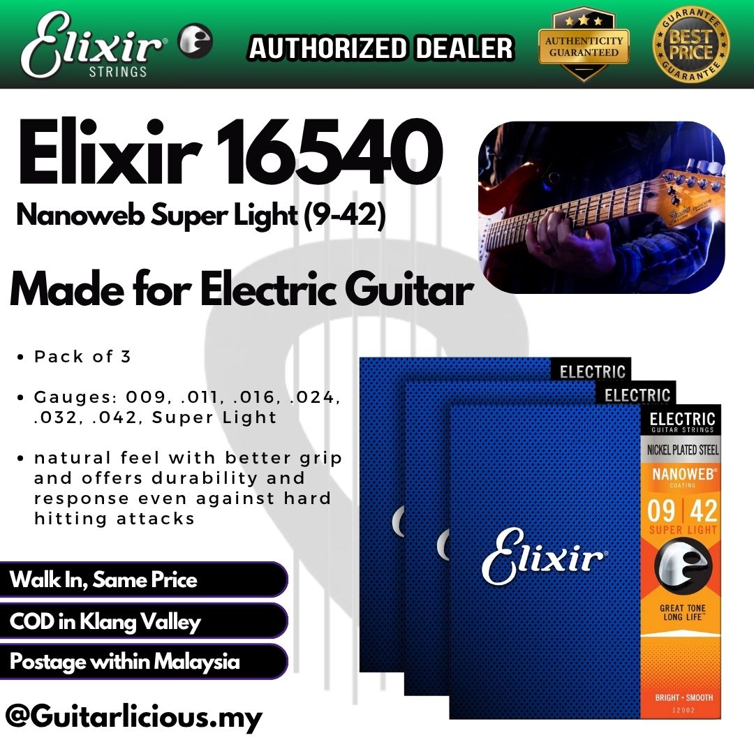 Elixir 16540 Nanoweb Electric Guitar Strings, Super Light - 3-Pack (9- – GUITARLICIOUS