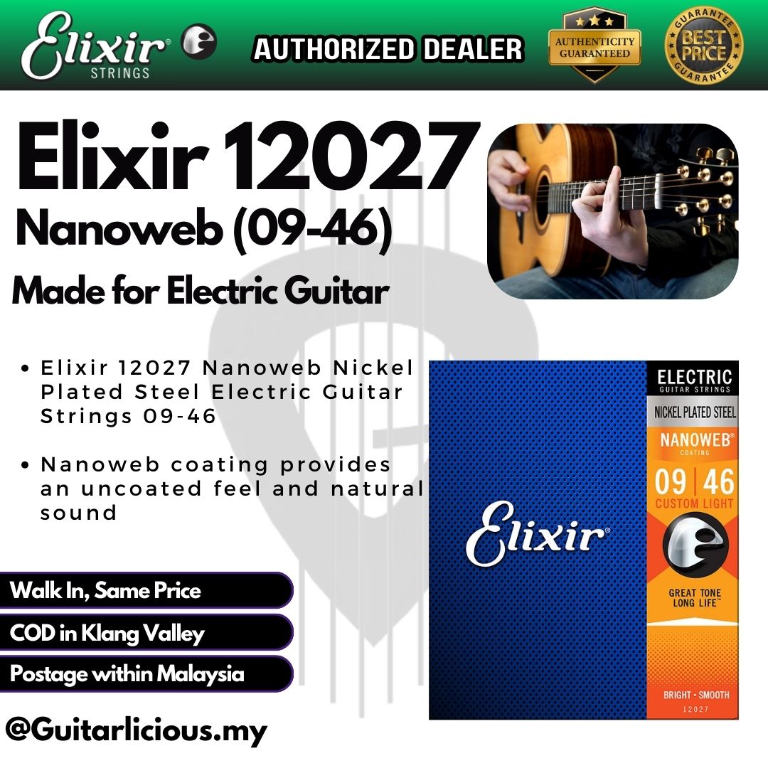 Elixir 12027 Nanoweb Electric Guitar Strings (9-46) – Custom Light ...